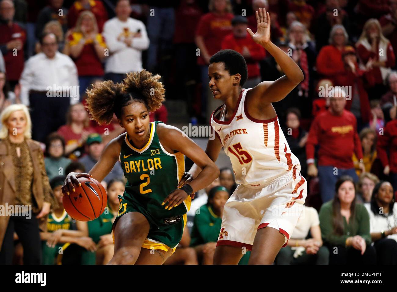 Baylor guard DiDi Richards drives past Iowa State forward Inès Nezerwa ...