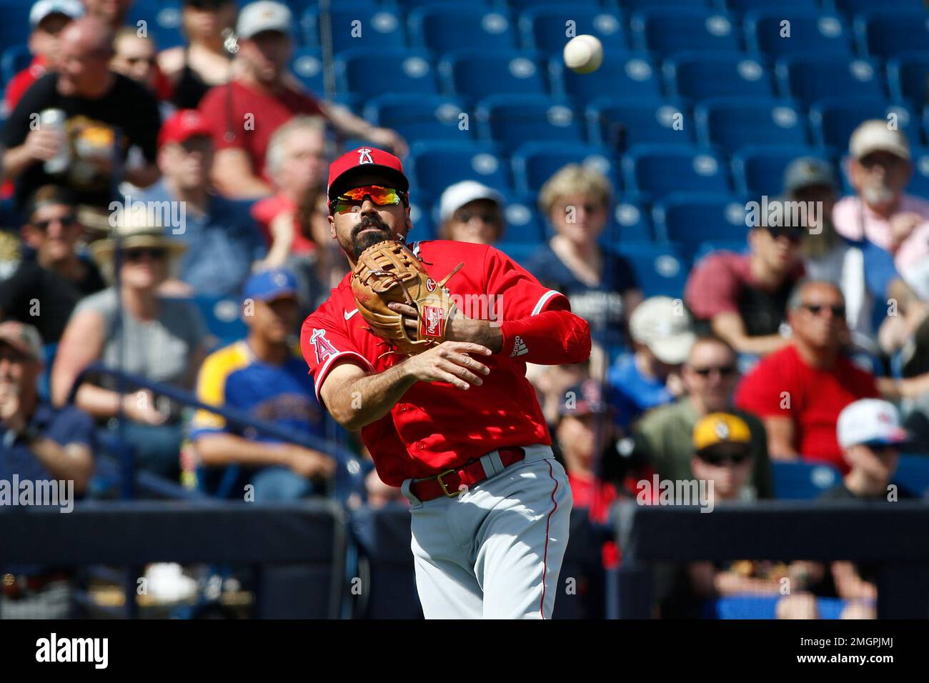 Los Angeles Angels third baseman Anthony Rendon throws out Milwaukee ...