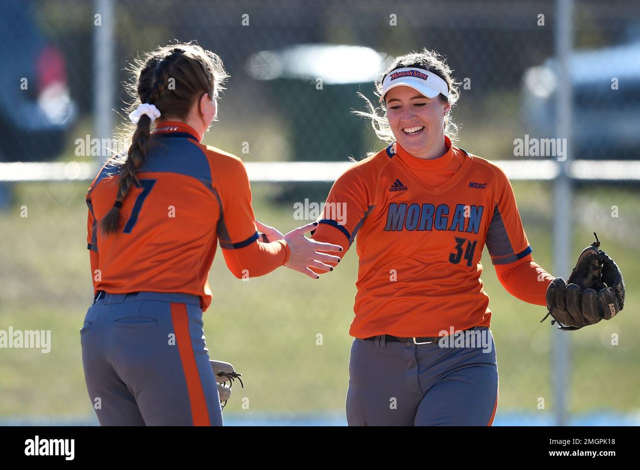Morgan State's Ellen Ebbers, center, reacts during an NCAA softball ...