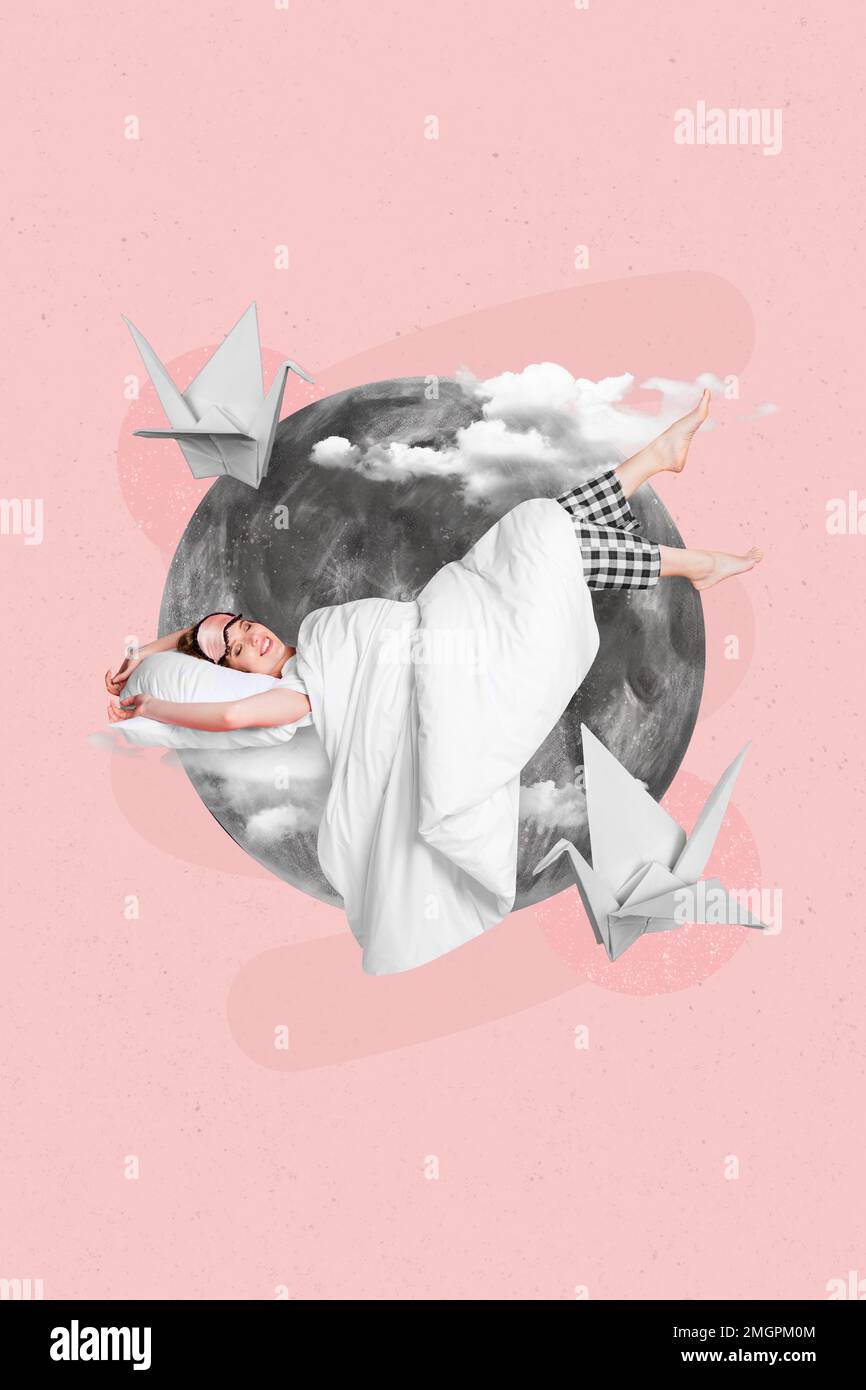 Creative banner poster collage of levitating tired lady sleep dream ...