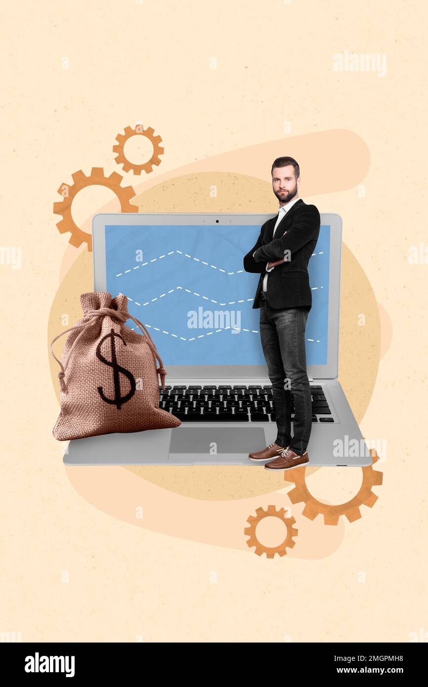 Poster template creative collage of successful investor stand cyber ...