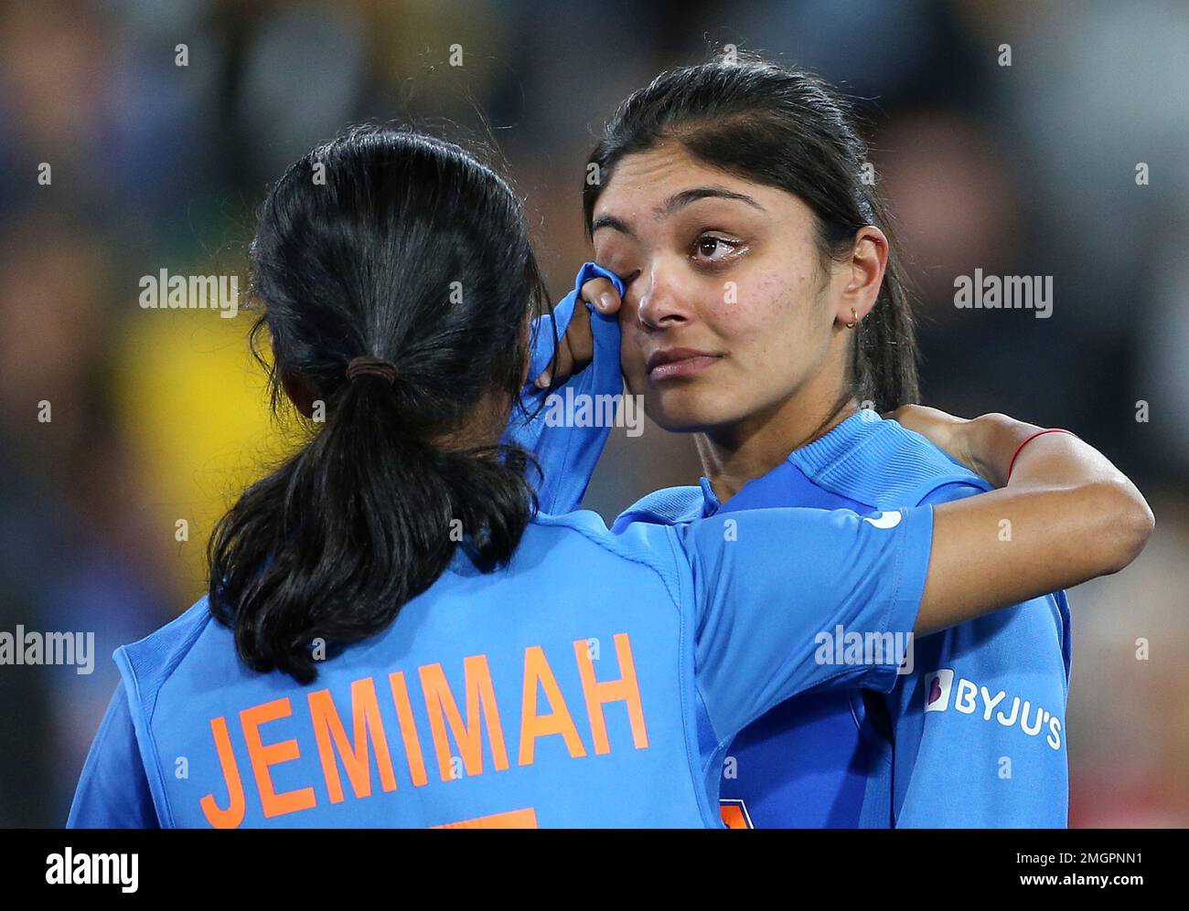 India's Jemimah Rodrigues, left, comforts Smriti Mandhana after their ...