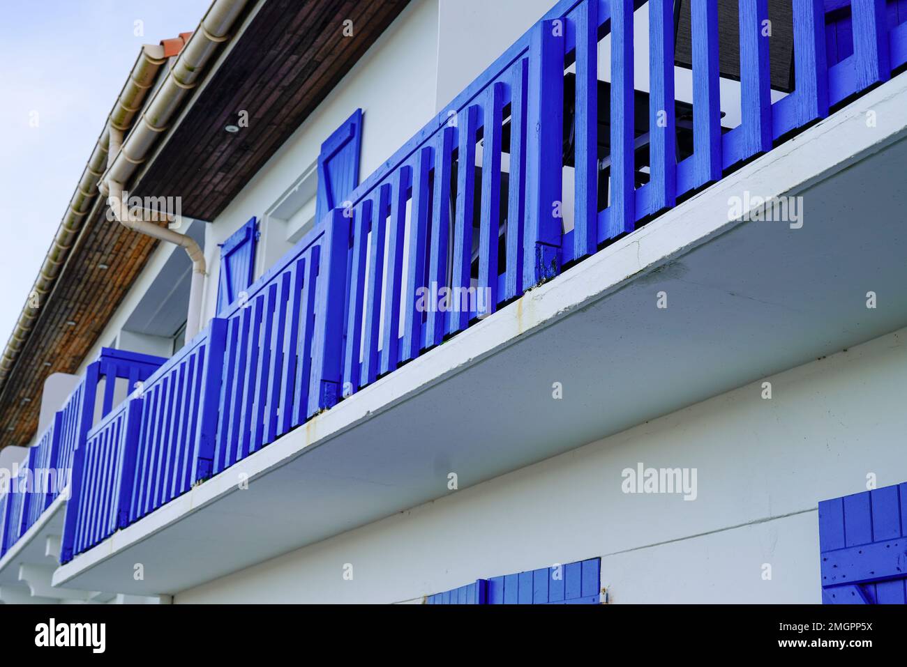 house blue balcony in town basque region of the south of France Bayonne ...