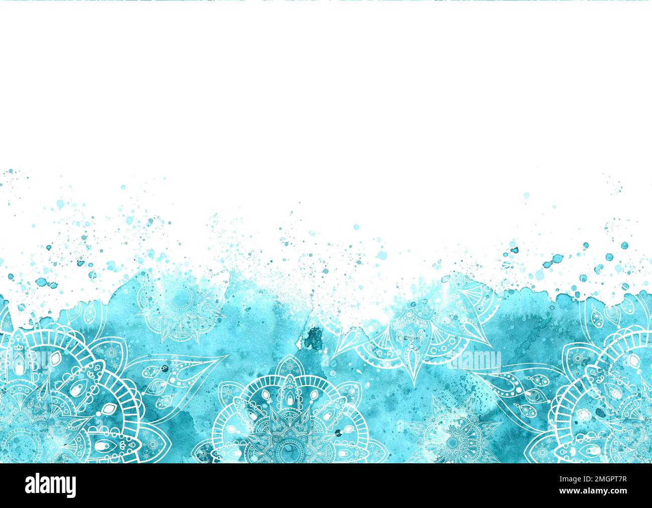 Hand-drawn watercolor border with blue background and mandala. A part ...