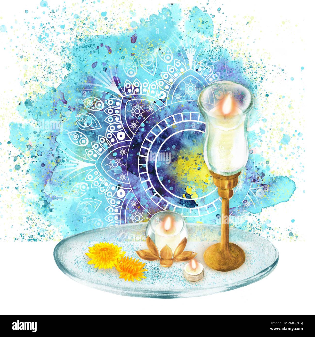 Hand-drawn watercolor Holi composition with blue background and mandala ...