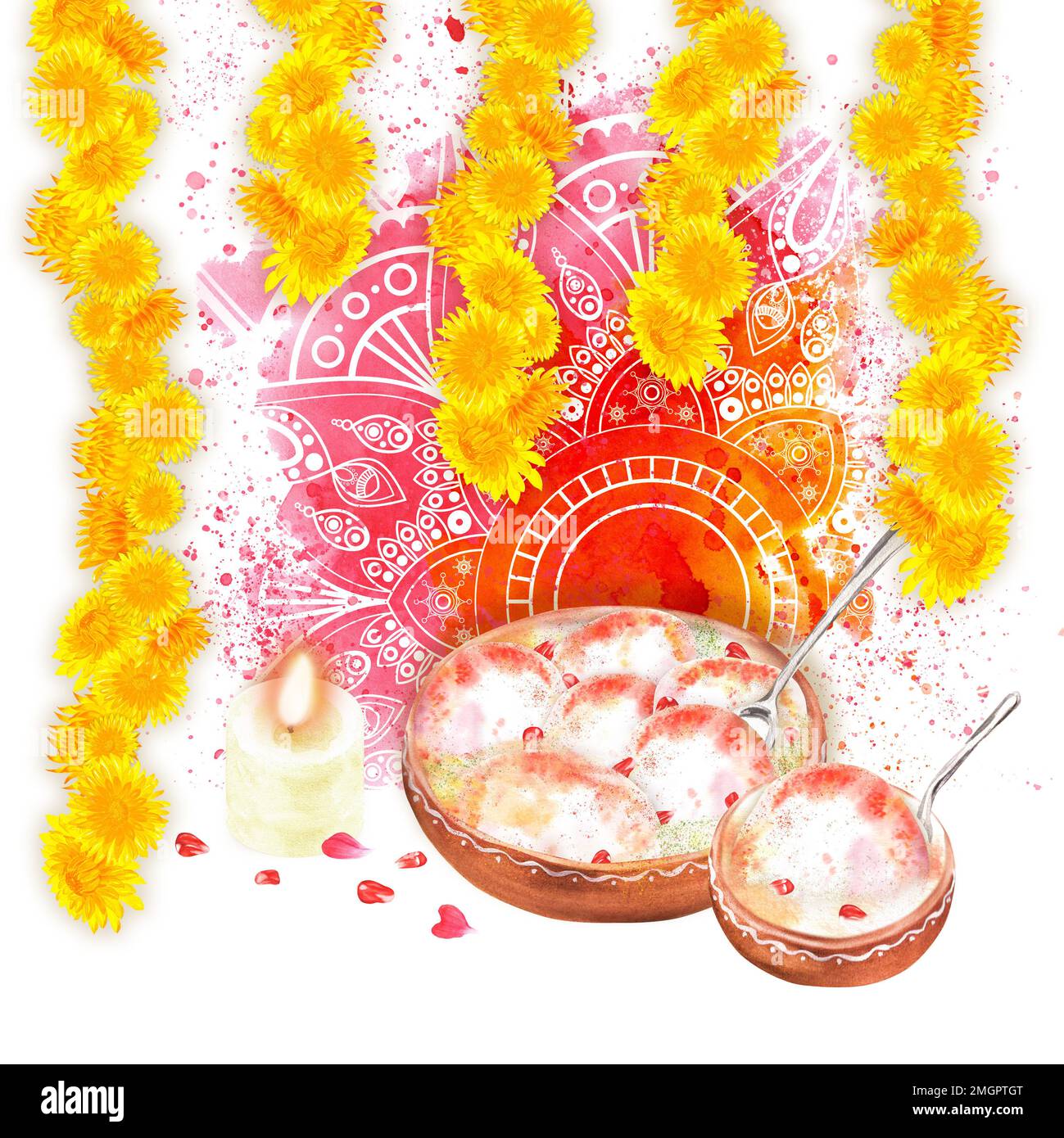 Hand-drawn watercolor Holi composition with red background and mandala ...