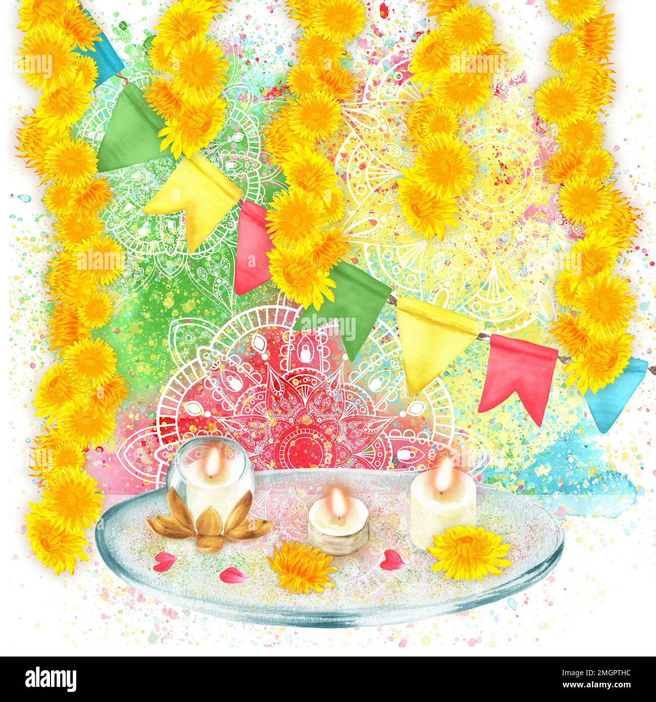 Hand-drawn watercolor Holi composition with colorfull background and ...