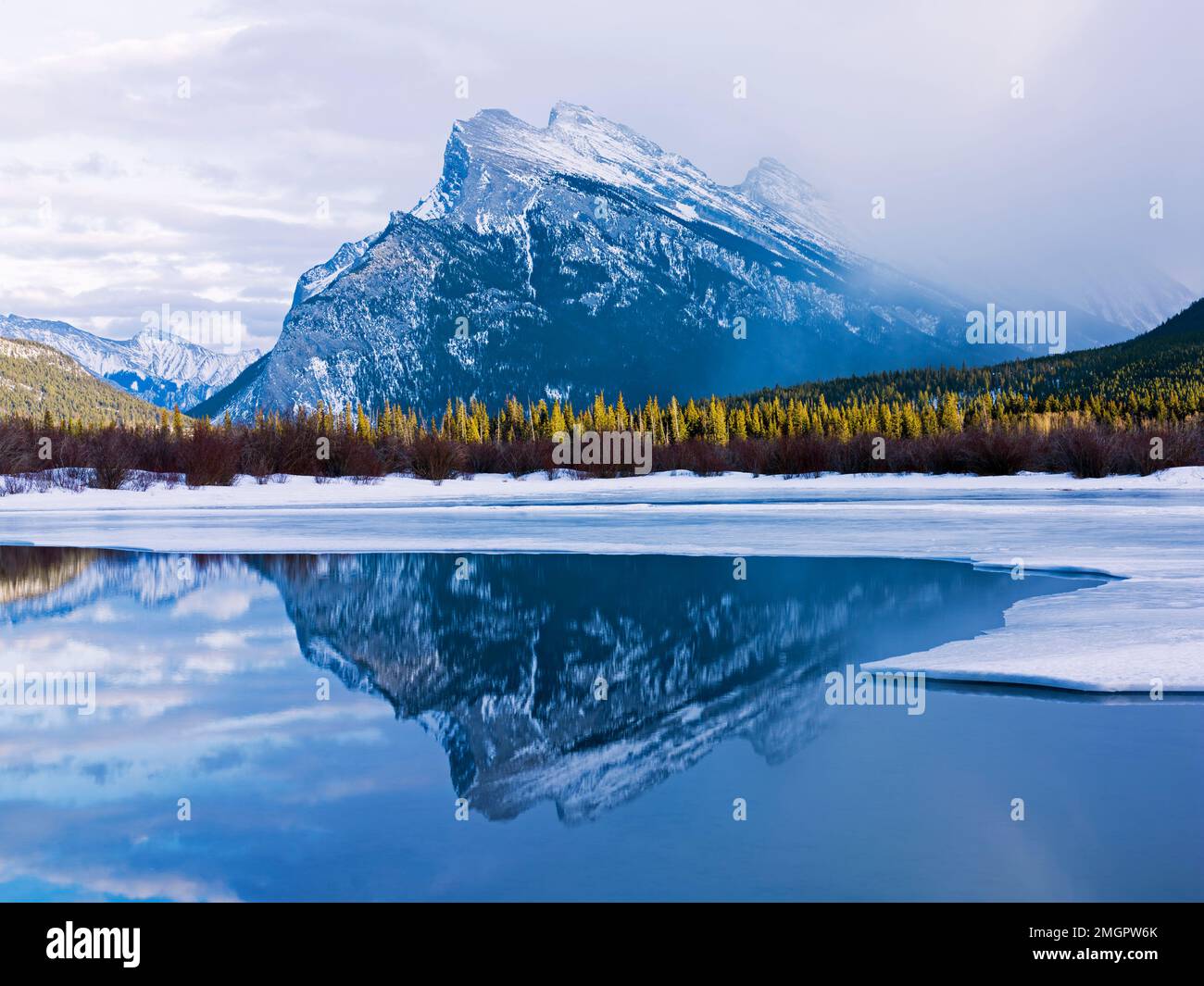 Canada Alberta Banff National Park Vermilion Lakes in winter with Mount ...
