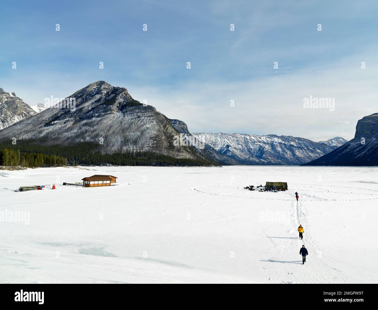 Canada,Alberta,Banff National Park, Lake Minnewanka frozen over in ...