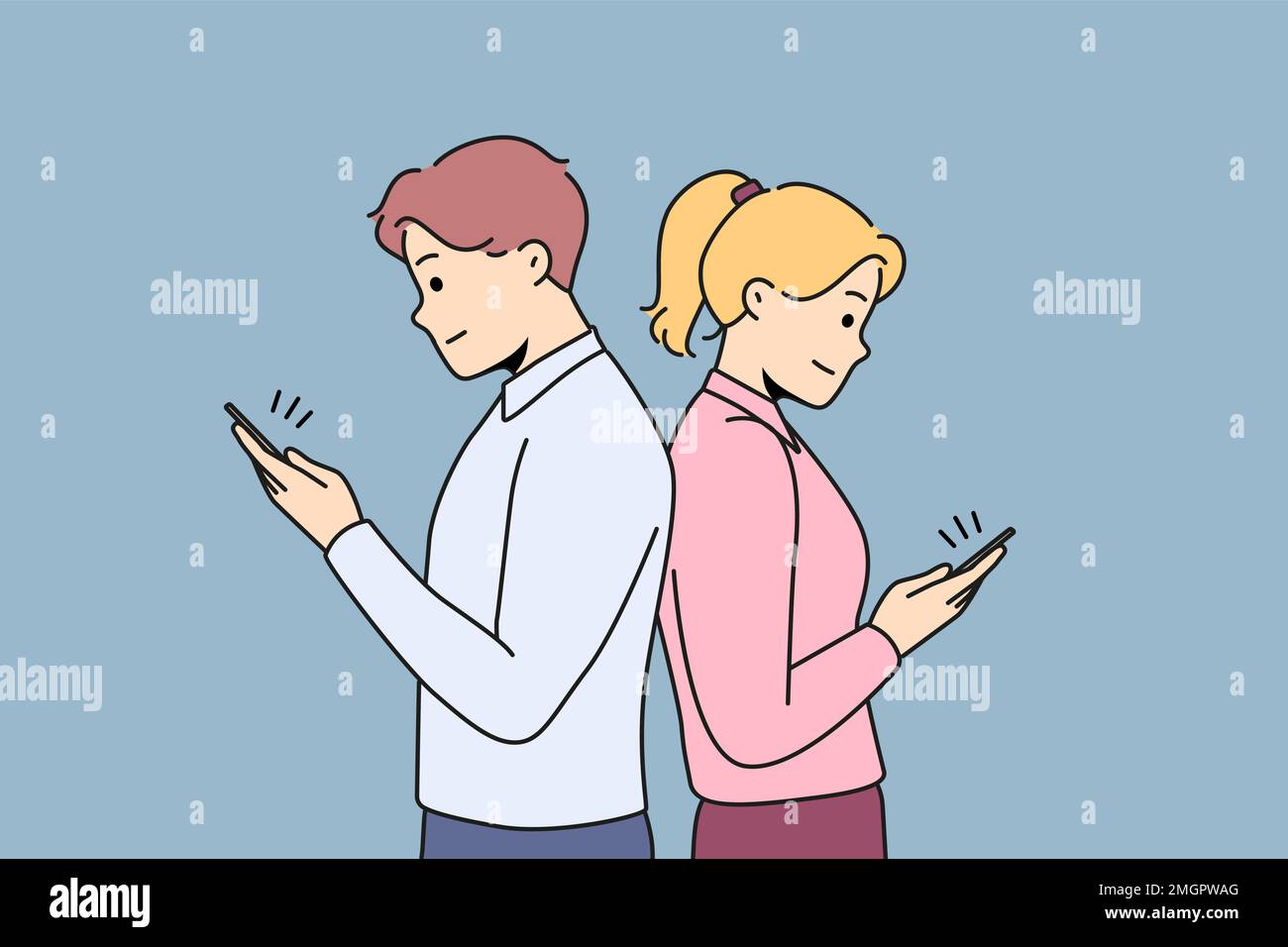 Couple standing back to back texting on cellphones online. Man and ...