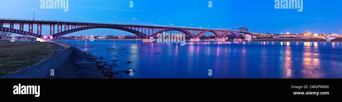 Canada, Ontario, Fort Erie, The Peace Bridge illuminated at night. The ...