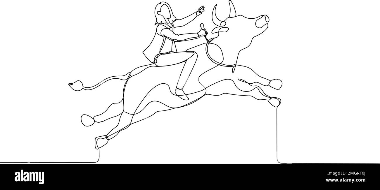 Drawing of businesswoman riding a bull going up showing rising and bull ...
