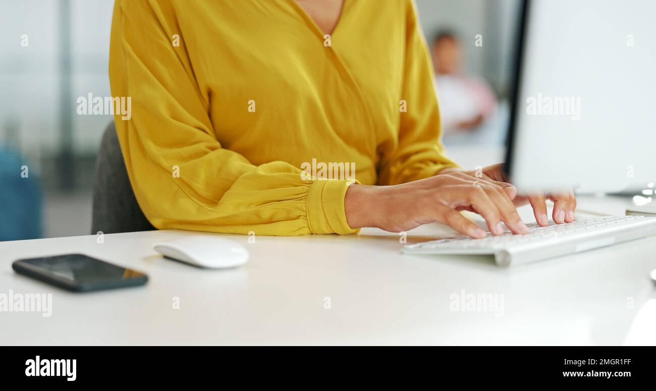 Computer, keyboard and black woman typing in office, working on email ...
