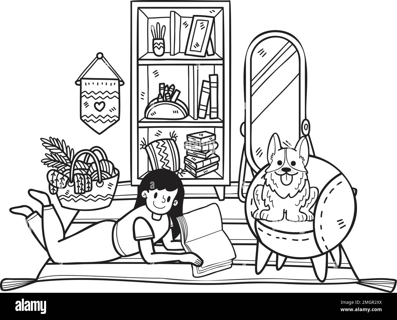 Hand Drawn Woman reading in room with Corgi Dog illustration in doodle ...