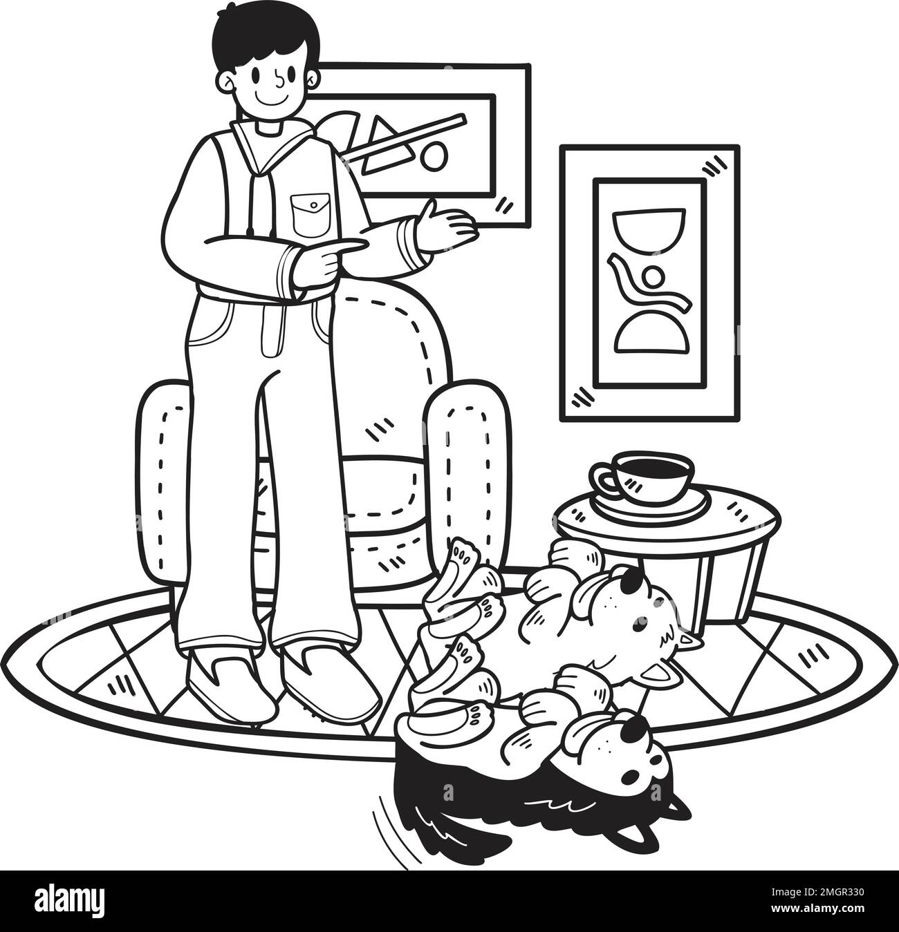 Hand Drawn dog is being trained by owner illustration in doodle style ...