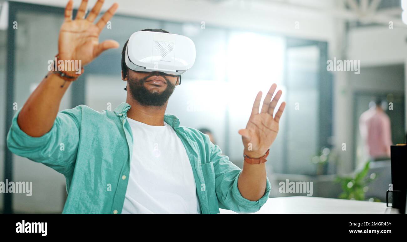 Virtual reality, cyber vr metaverse and black man work on futuristic ...