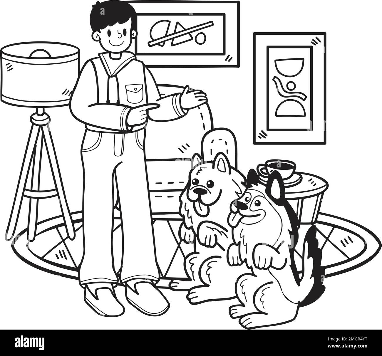 Hand Drawn dog is being trained by owner illustration in doodle style ...