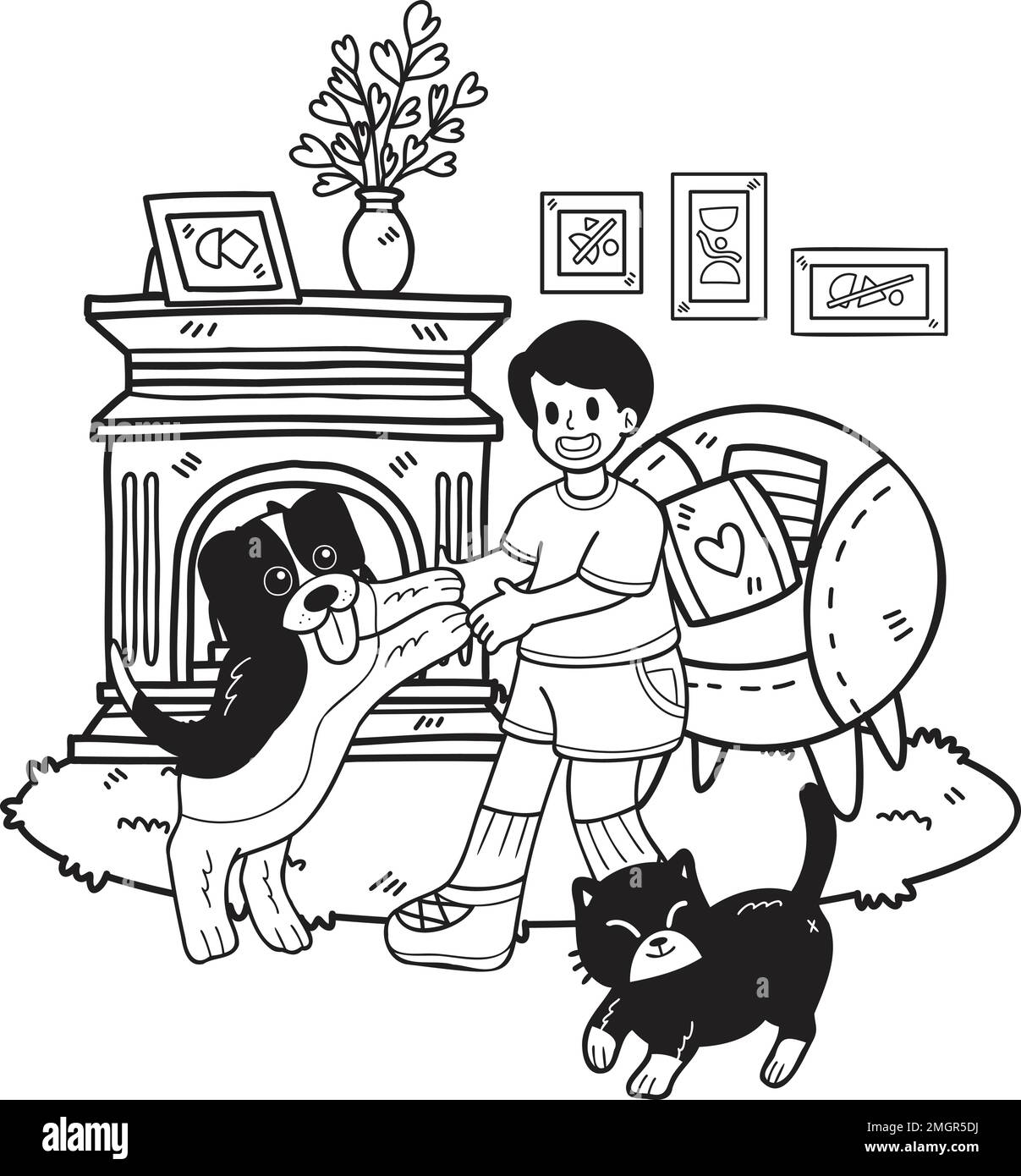 Hand Drawn owner plays with the dogs and cats in living room ...