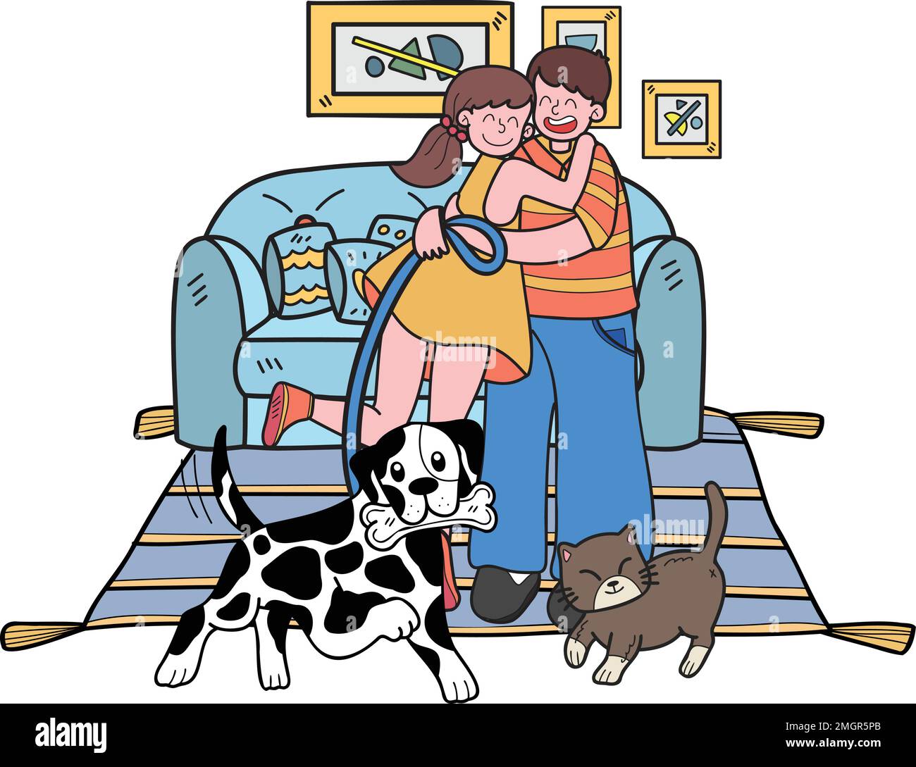 Hand Drawn owner plays with the dogs and cats in the room illustration ...