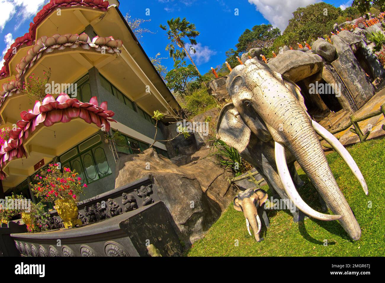 Sacred Elephants and Monks Sculptures, Golden Temple of Dambulla ...