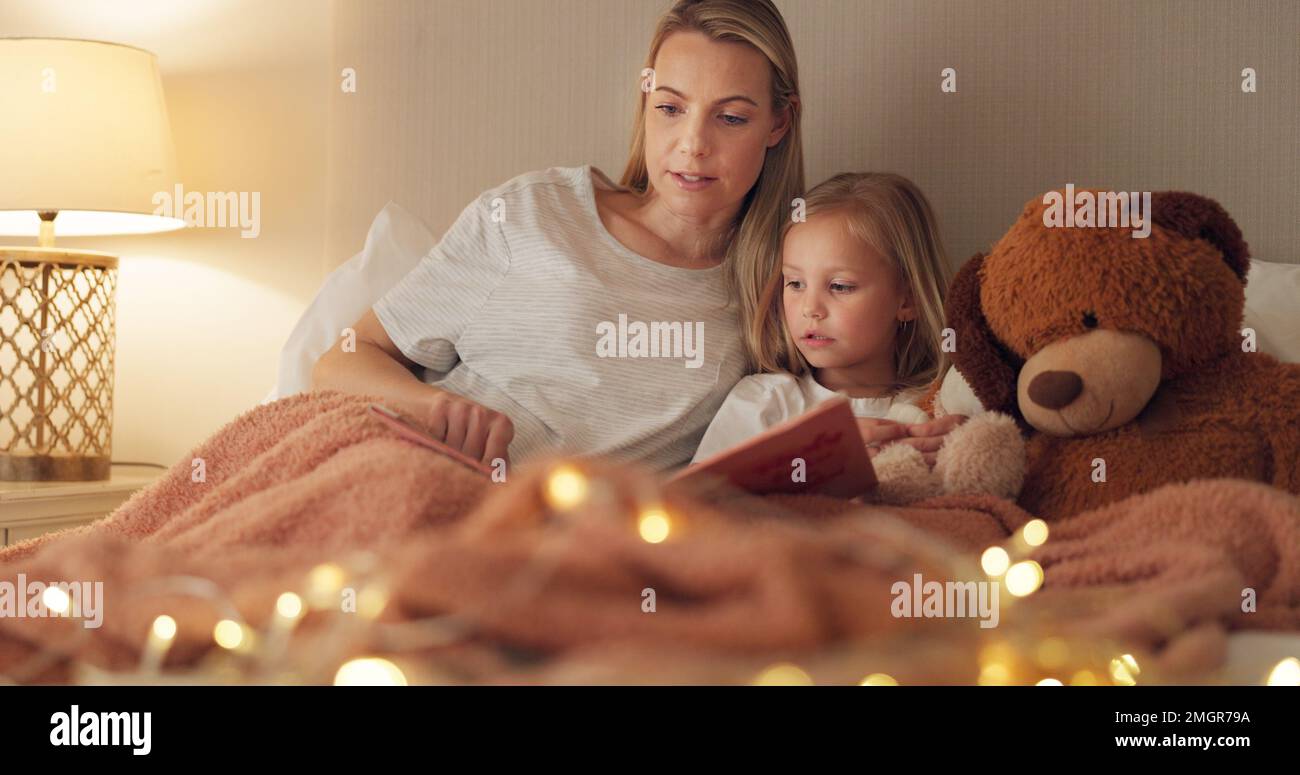 Story, book and reading mother with child in bedroom for child ...