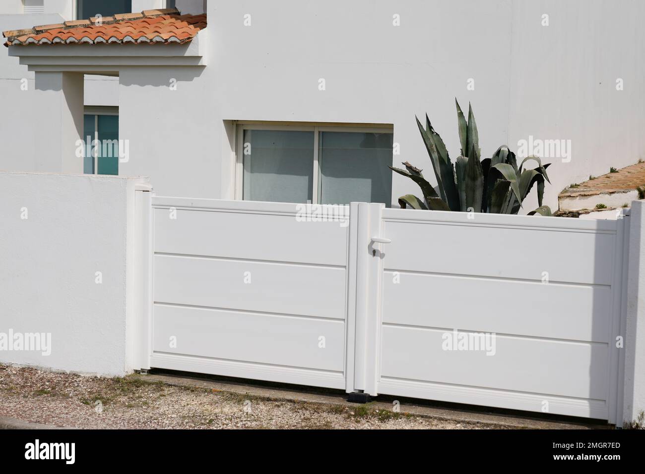 white door entry steel modern gate aluminum portal suburb house Stock ...