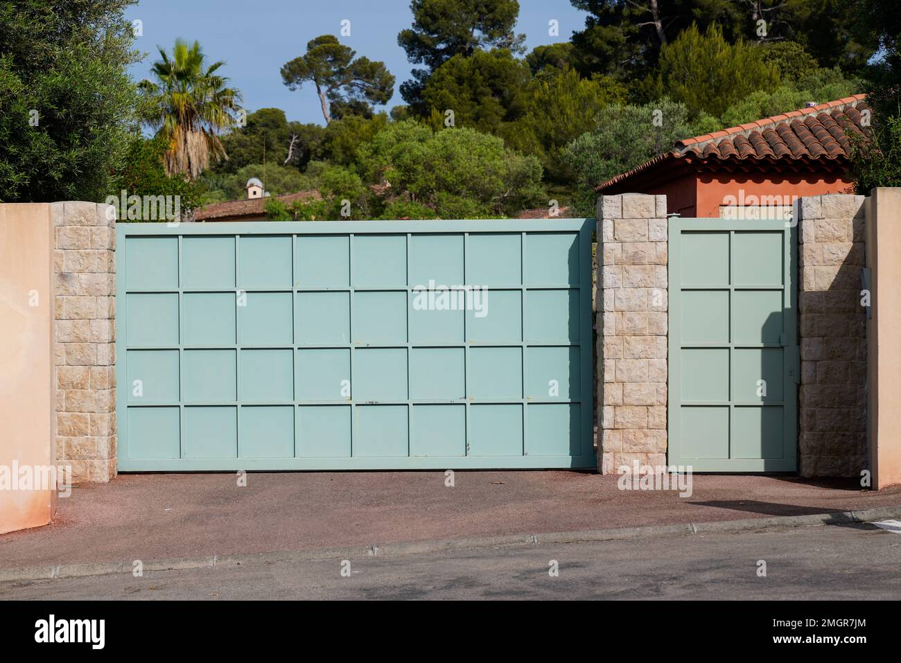 portal street suburb home steel green metal retro house gate garden ...