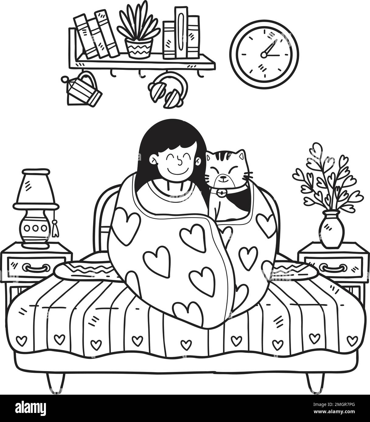 Hand Drawn The owner sits hugging the cat in the blanket in the bedroom ...