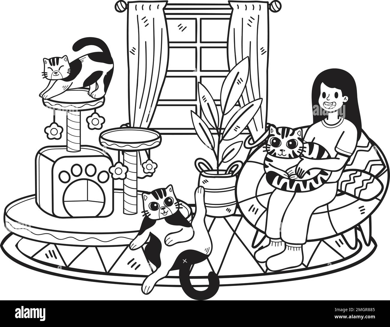 Hand Drawn The owner sits with the cat in the living room illustration ...