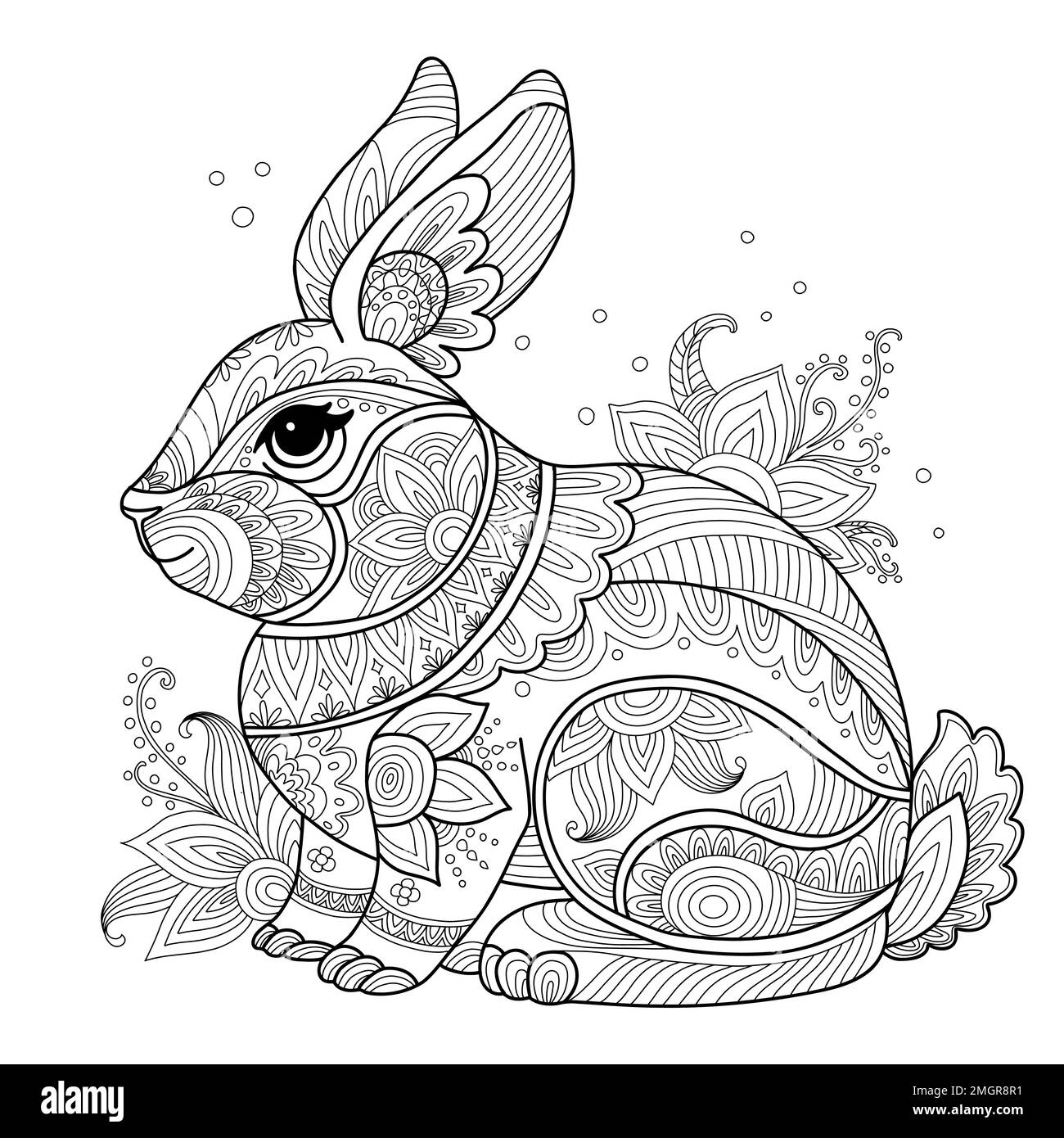 Stylized rabbit with flowers. Hand drawn sketch black contour vector ...