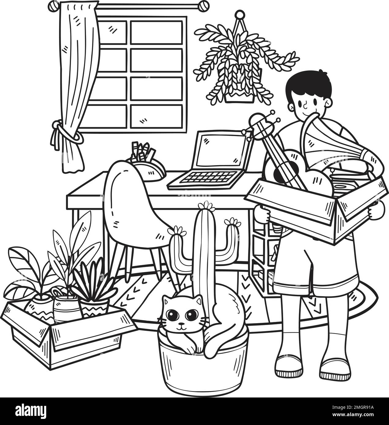 Hand Drawn The owner arranges a new house with cats illustration in ...