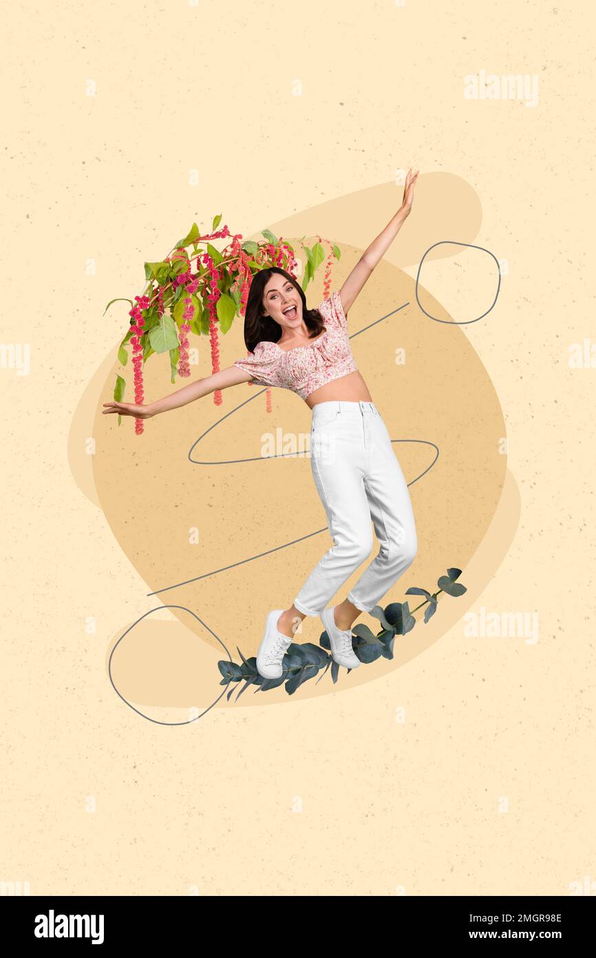 Photo collage of funky carefree ecology lover activist lady have fun ...