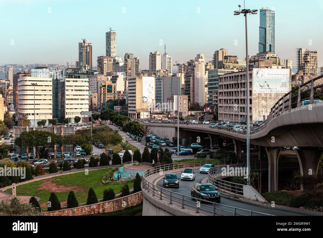 Beirut city skyline. Modern buildings, old buildings, military ...