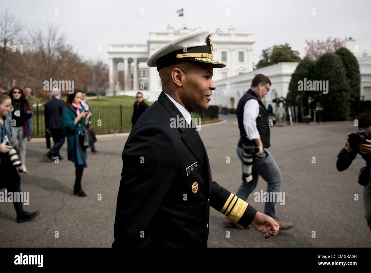 U.S. Surgeon General Dr. Jerome Adams finishes an on camera interview ...