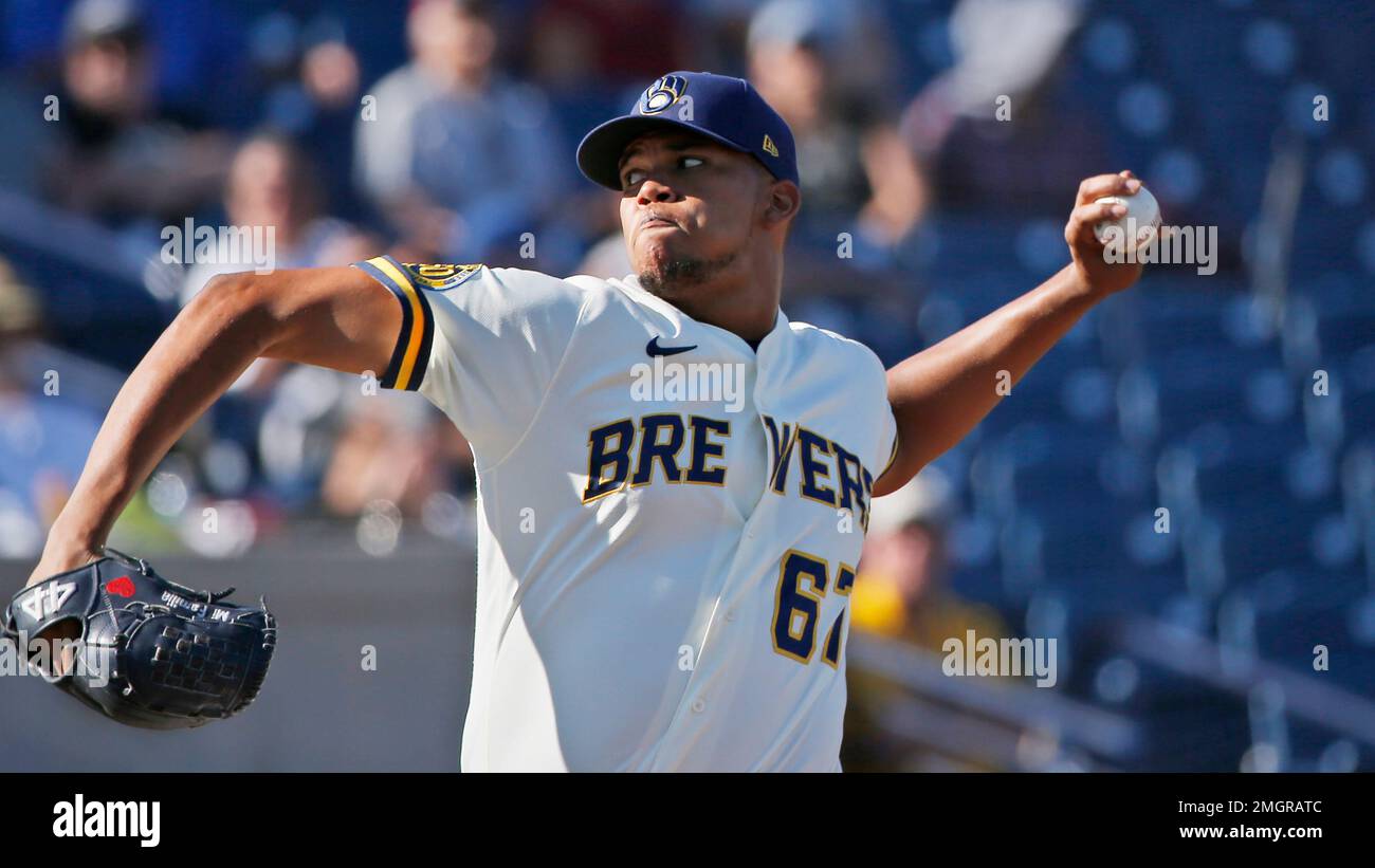 Milwaukee Brewers' Angel Perdomo pitches during spring training ...