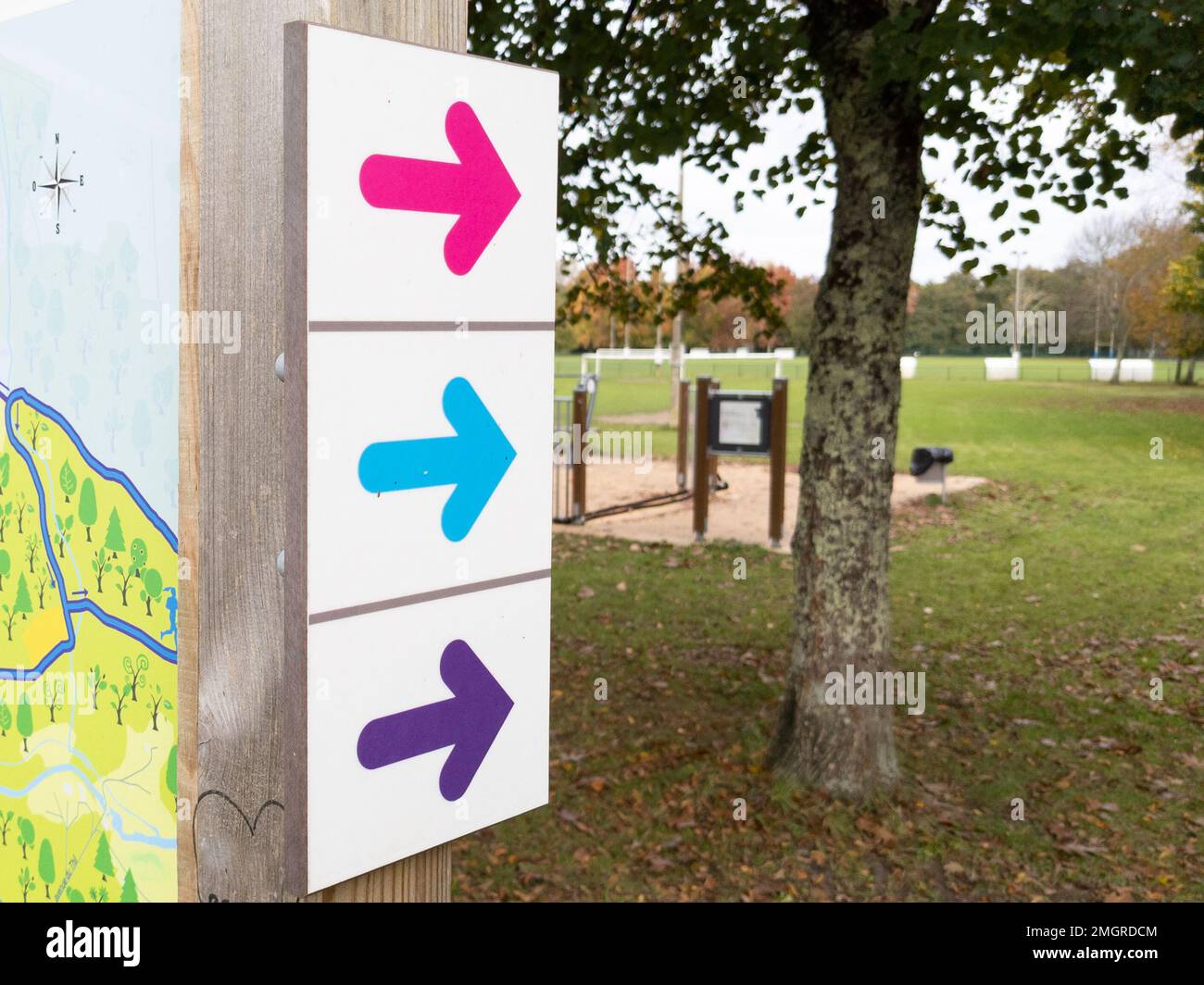 color arrow pointing on side direction of footpath for hike trail in ...