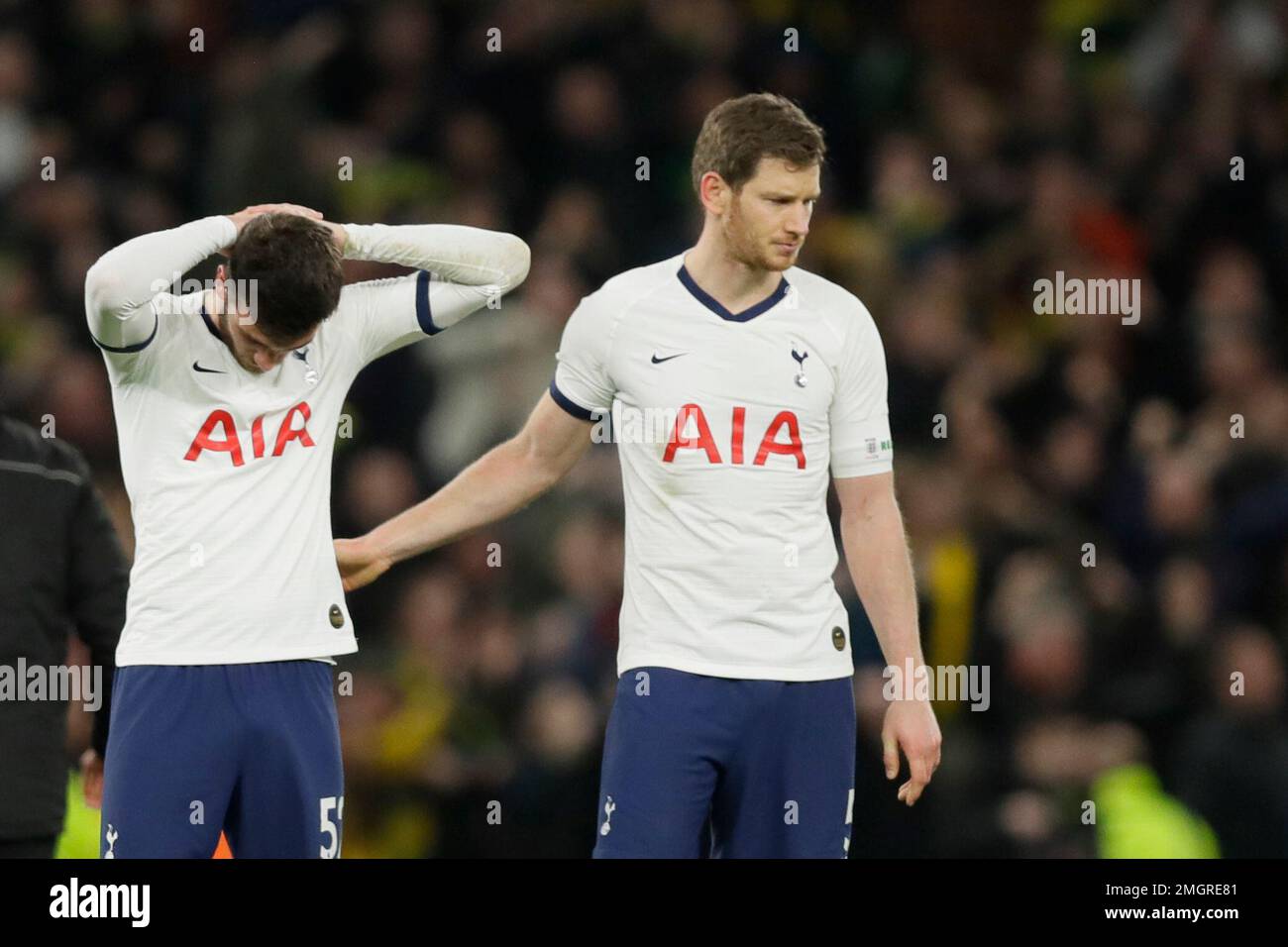 Tottenham's Jan Vertonghen, right, and his teammate Troy Parrott react ...