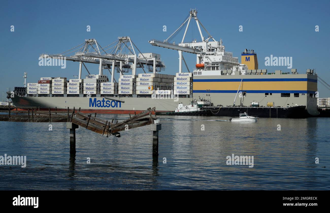 A Matson container ship is seen docked at the Port of Oakland on ...