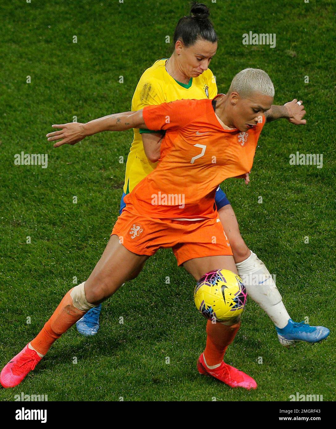 Brazil's Bruna Benites, front, controls the ball during their ...