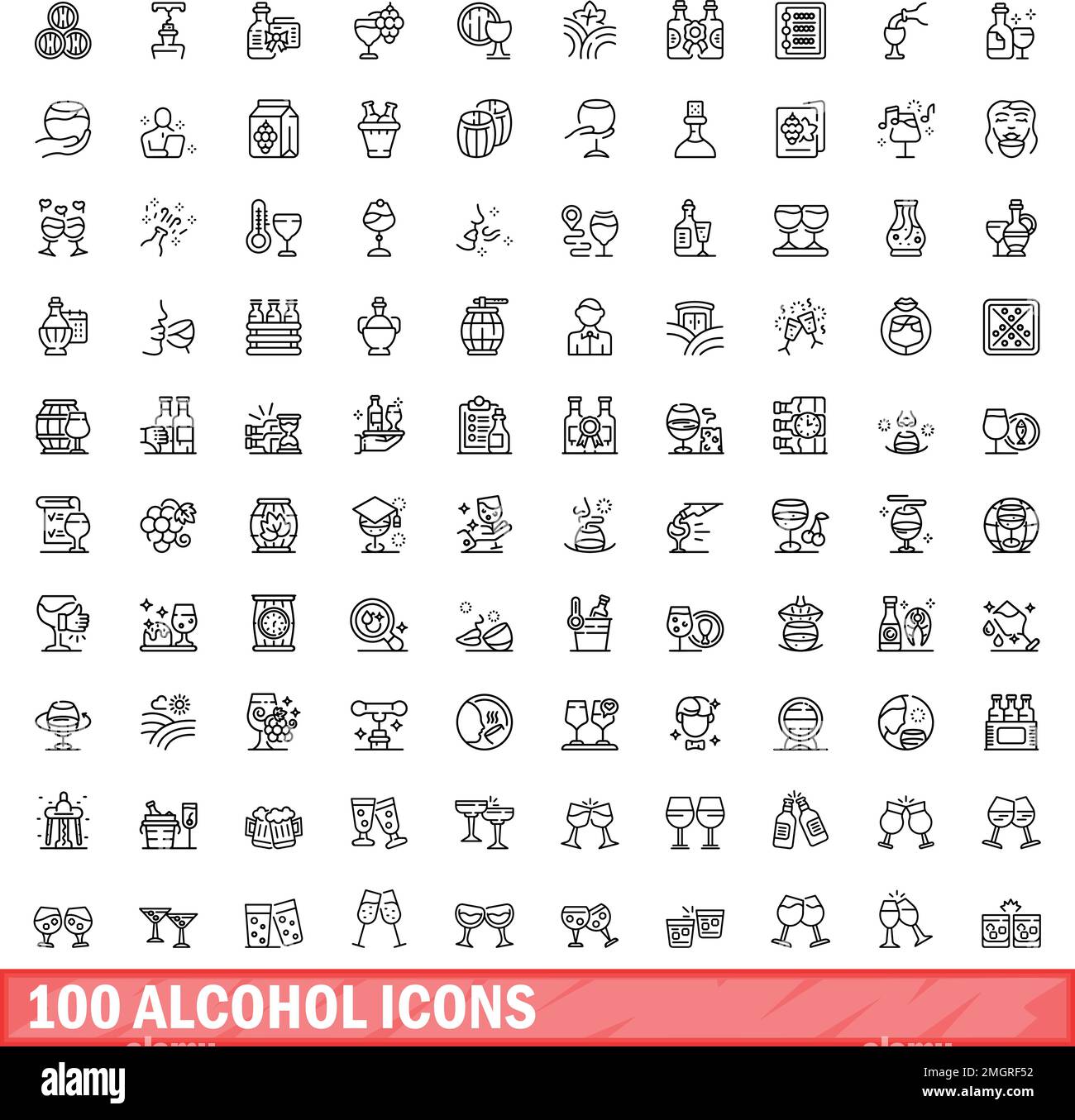 100 alcohol icons set. Outline illustration of 100 alcohol icons vector ...