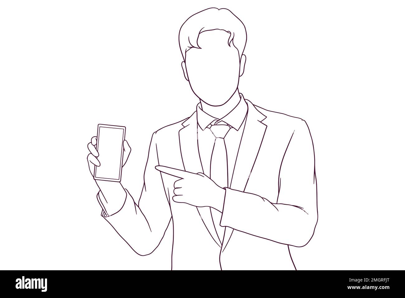 businessman pointing at phone hand drawn style vector illustration ...