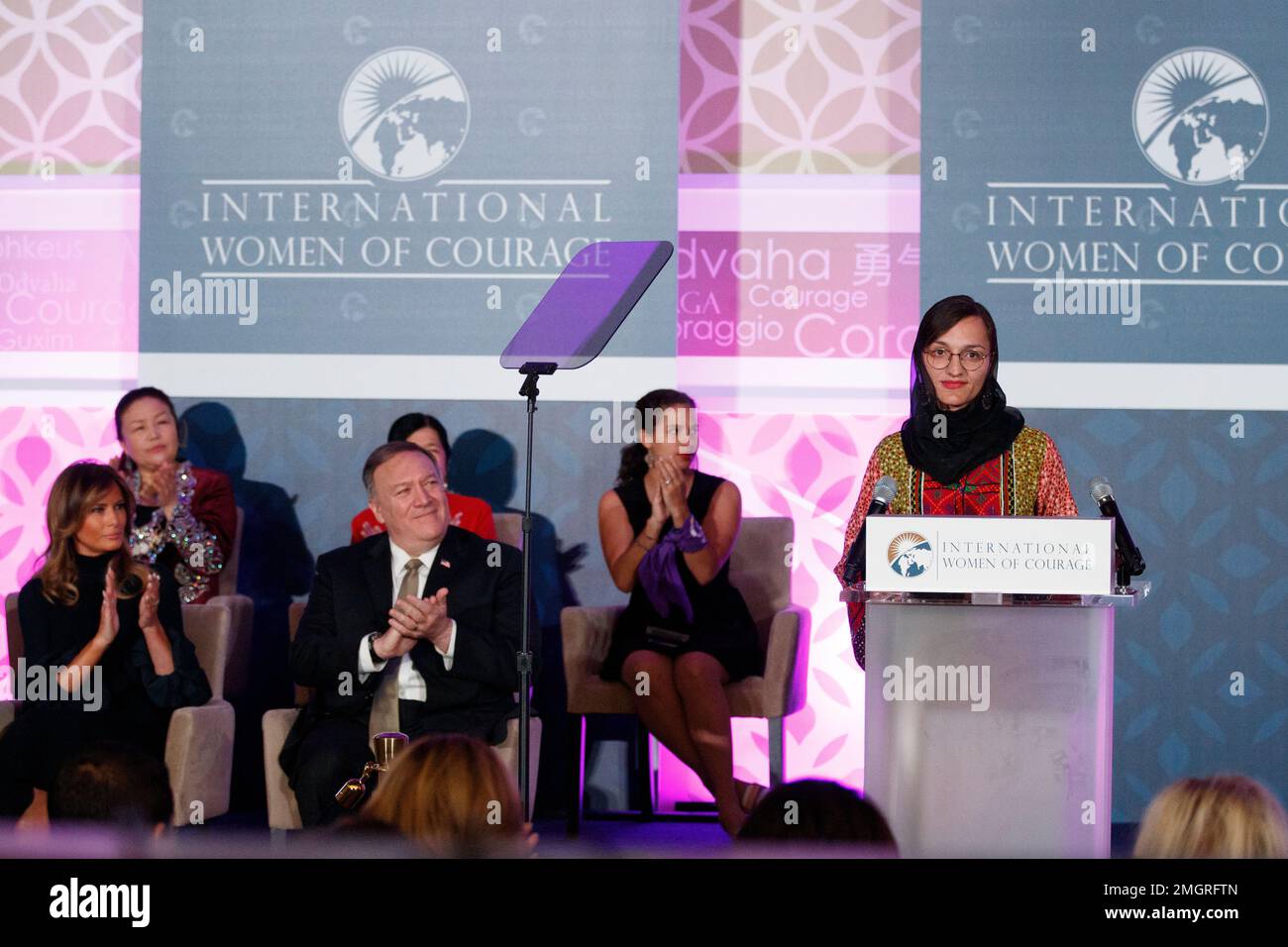 Zarifa Ghafari, of Afghanistan, pauses as she speaks during the 2020 ...