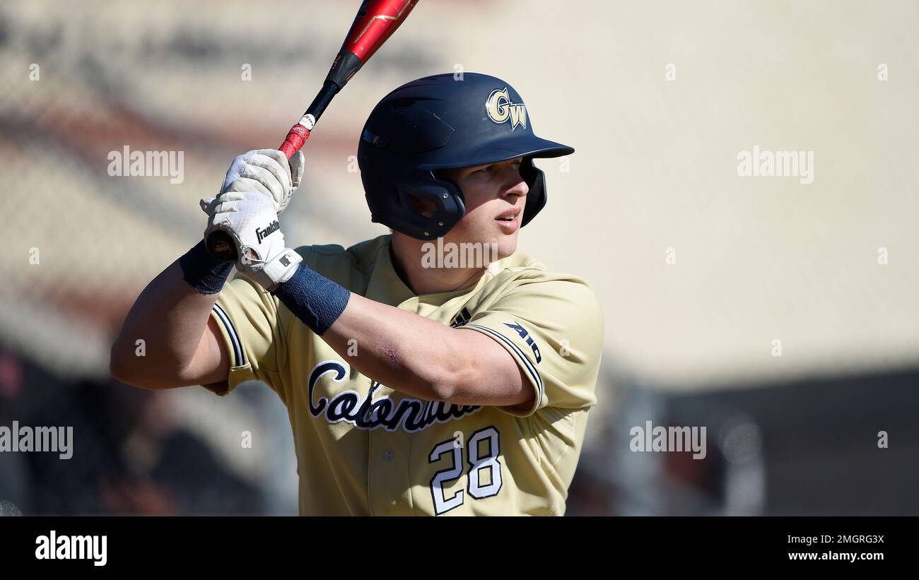 George Washington's Tyler Hix at bat during an NCAA baseball game ...