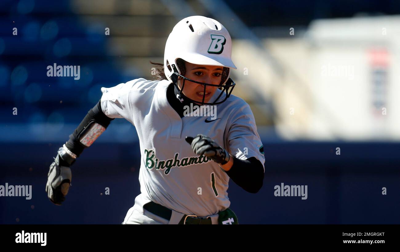 Binghamton Stephanie Ragusa (1) runs to first during an NCAA college ...