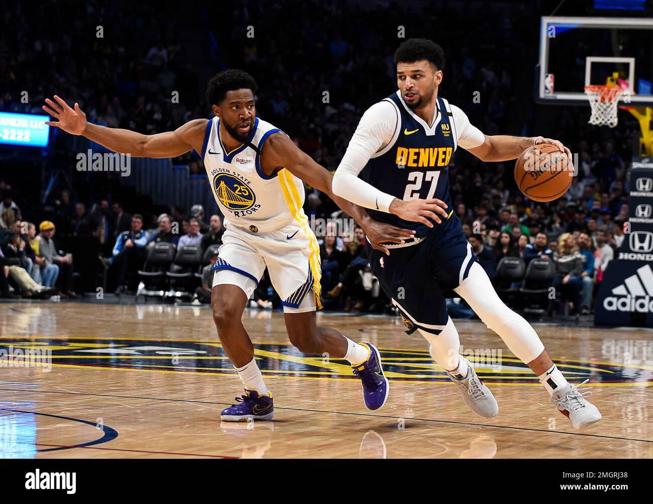 Denver Nuggets guard Jamal Murray (27) drives on Golden State Warriors ...