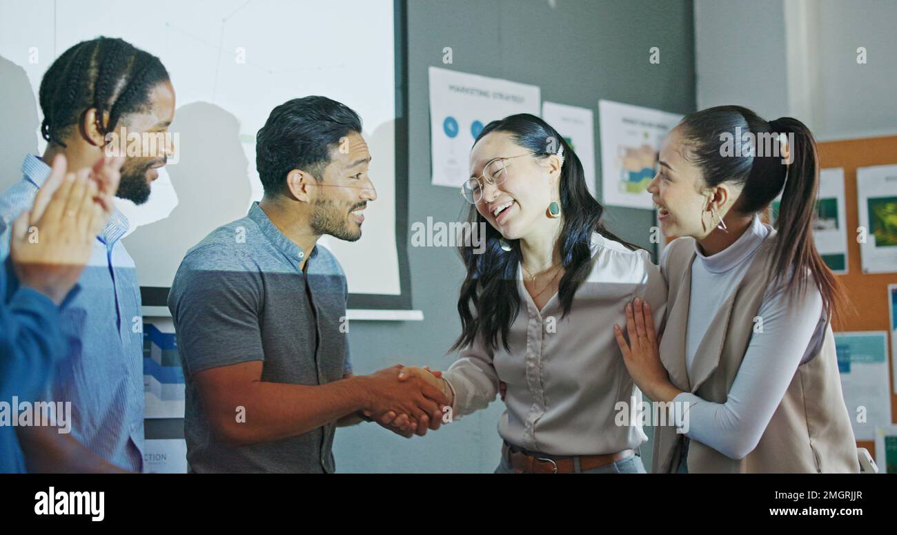 Presentation success, woman speaker and handshake, applause, support ...