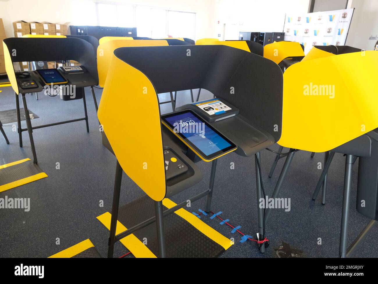 The new electronic voting machines are seen on the Super Tuesday, at a ...