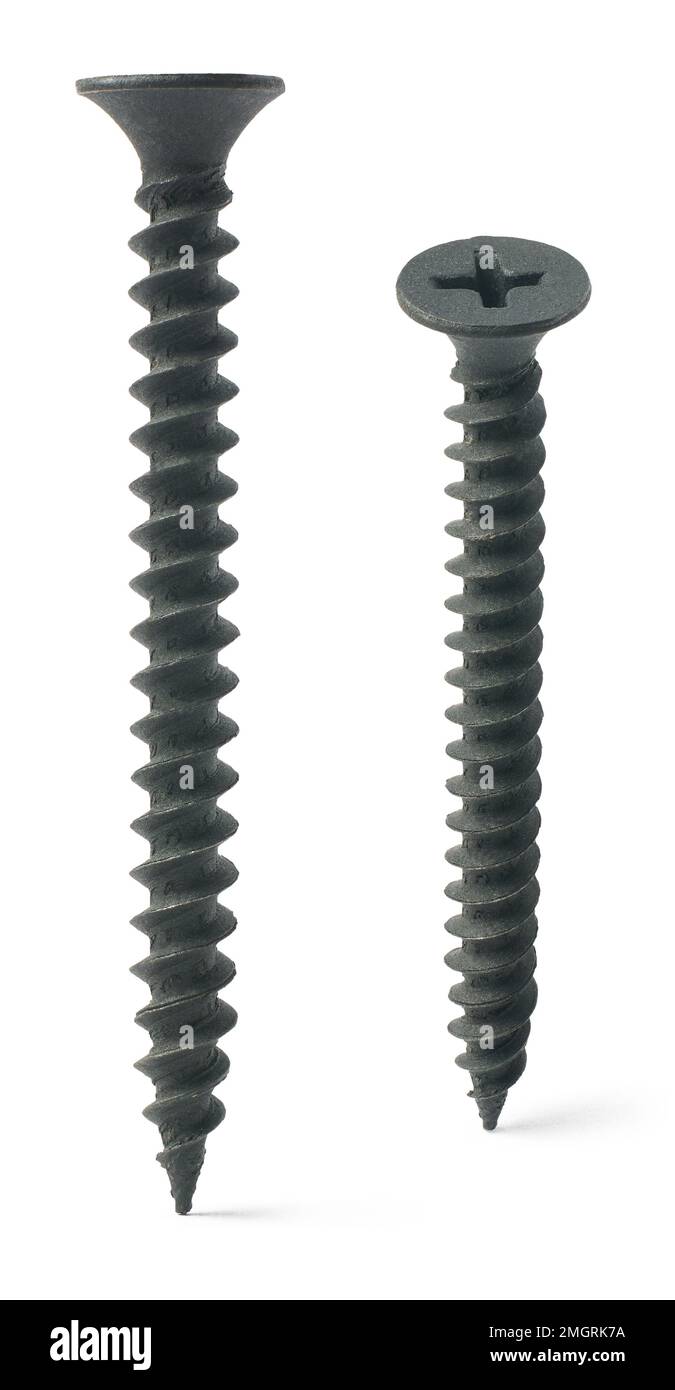 set of metal screws isolated on white background, black phosphate ...