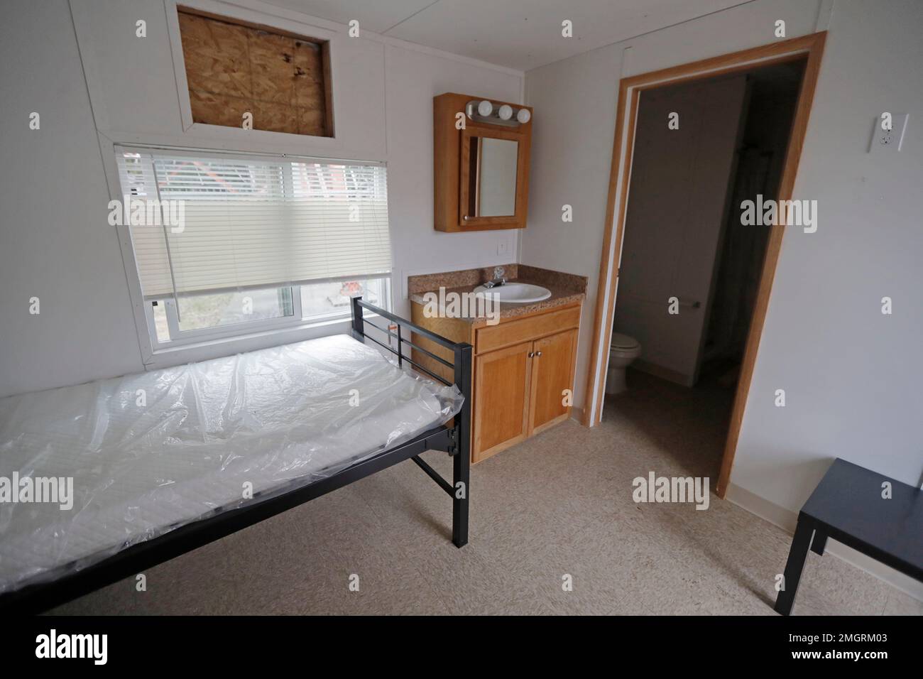 The interior of a two-bed temporary housing unit is shown Tuesday ...