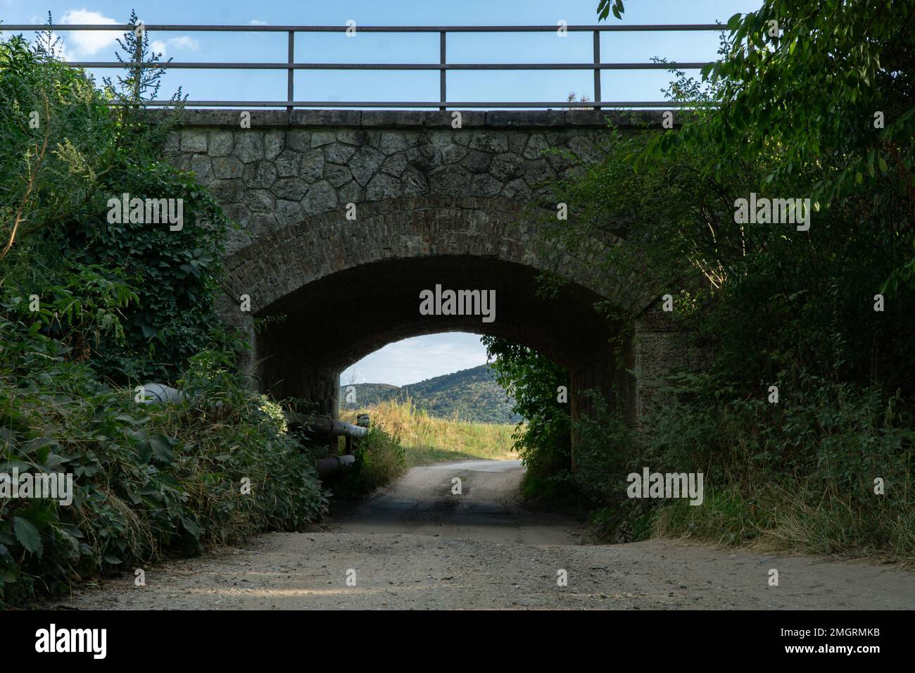 A tunnel under a train bridge with beautiful scenery in the background on a dirt road Stock ...